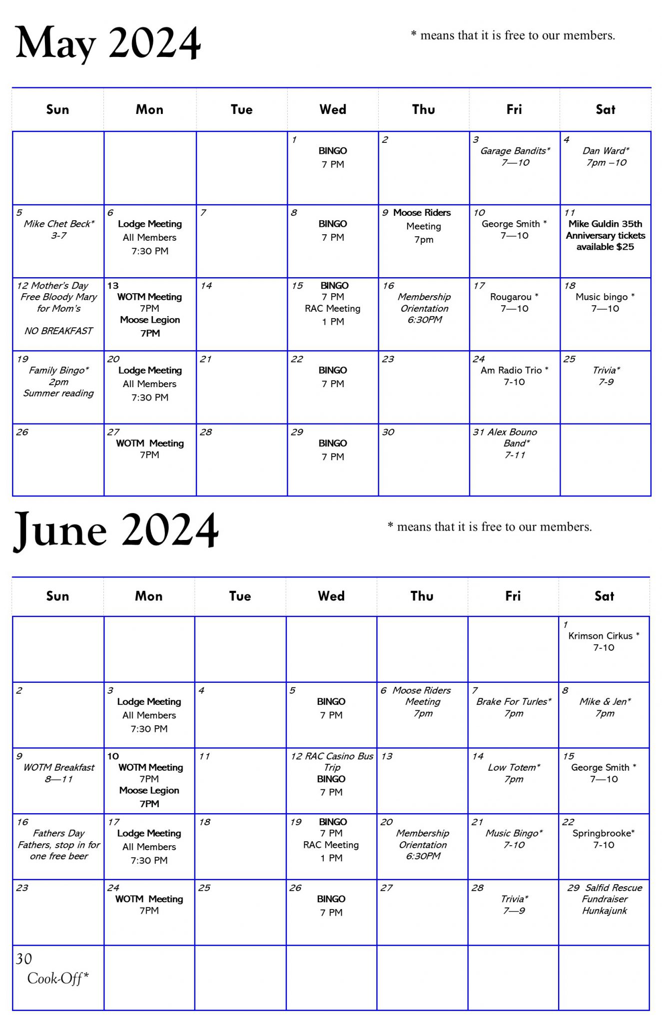 Calendar - Sellersville Moose Lodge 1539